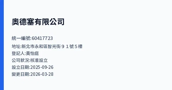 奧德塞有限公司的照片-統編 60417723(新北市) 公司登記資料與營業項目詳細圖表