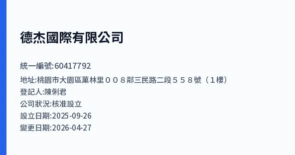 德杰國際有限公司的照片-統編 60417792(桃園市) 公司登記資料與營業項目詳細圖表