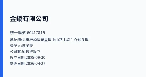 金鑀有限公司的照片-統編 60417815(新北市) 公司登記資料與營業項目詳細圖表