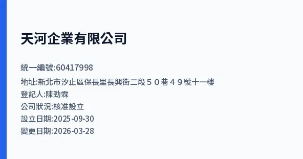 天河企業有限公司的照片-統編 60417998(新北市) 公司登記資料與營業項目詳細圖表