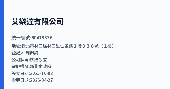 艾樂達有限公司的照片-統編 60418336(新北市) 公司登記資料與營業項目詳細圖表