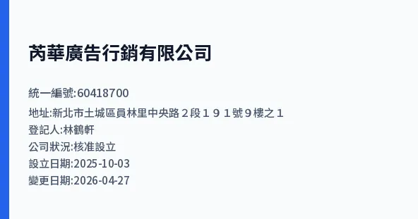 芮華廣告行銷有限公司的照片-統編 60418700(新北市) 公司登記資料與營業項目詳細圖表