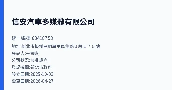 信安汽車多媒體有限公司的照片-統編 60418758(新北市) 公司登記資料與營業項目詳細圖表