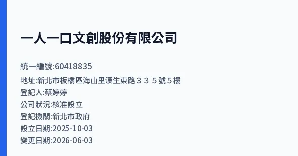 一人一口文創股份有限公司的照片-統編 60418835(新北市) 公司登記資料與營業項目詳細圖表