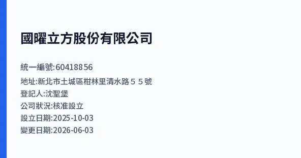 國曜立方股份有限公司的照片-統編 60418856(新北市) 公司登記資料與營業項目詳細圖表