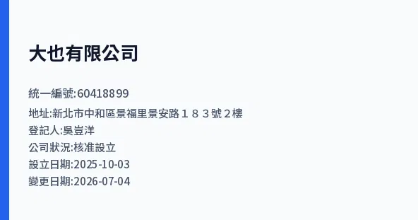 大也有限公司的照片-統編 60418899(新北市) 公司登記資料與營業項目詳細圖表