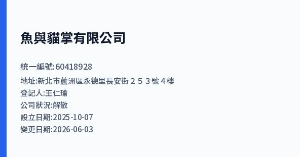 魚與貓掌有限公司的照片-統編 60418928(新北市) 公司登記資料與營業項目詳細圖表