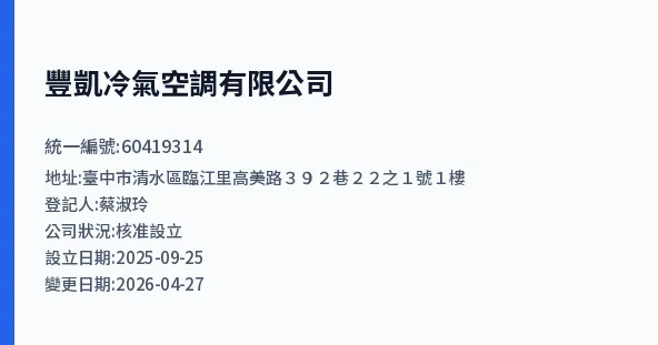 豐凱冷氣空調有限公司的照片-統編 60419314(臺中市) 公司登記資料與營業項目詳細圖表