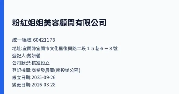 粉紅姐姐美容顧問有限公司的照片-統編 60421178(宜蘭縣) 公司登記資料與營業項目詳細圖表