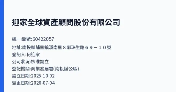 迎家全球資產顧問股份有限公司的照片-統編 60422057(南投縣) 公司登記資料與營業項目詳細圖表