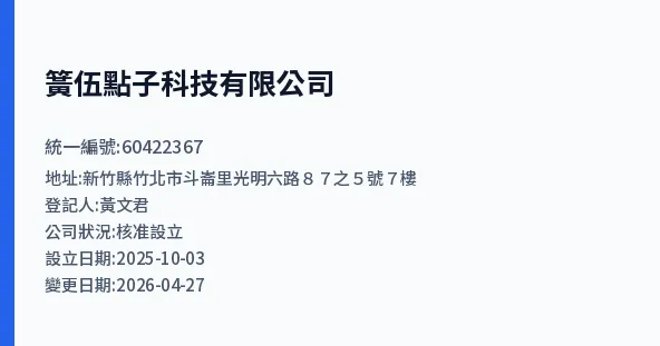 簧伍點子科技有限公司的照片-統編 60422367(新竹縣) 公司登記資料與營業項目詳細圖表