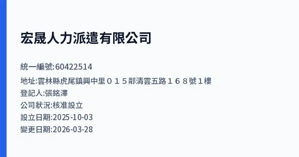 宏晟人力派遣有限公司的照片-統編 60422514(雲林縣) 公司登記資料與營業項目詳細圖表