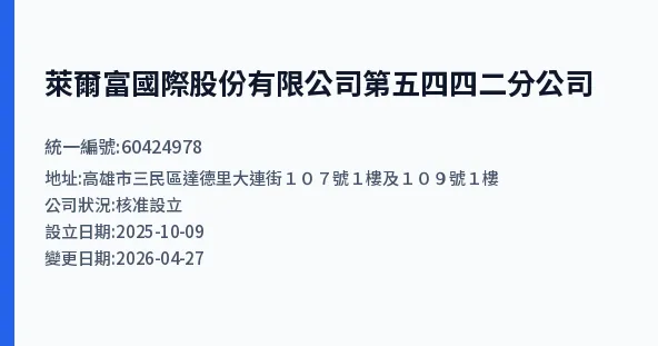 萊爾富國際股份有限公司第五四四二分公司的照片-統編 60424978(高雄市) 公司登記資料與營業項目詳細圖表
