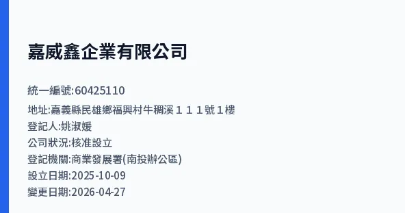 嘉威鑫企業有限公司的照片-統編 60425110(嘉義縣) 公司登記資料與營業項目詳細圖表