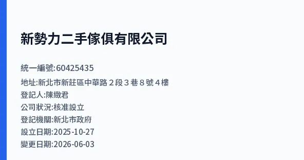 新勢力二手傢俱有限公司的照片-統編 60425435(新北市) 公司登記資料與營業項目詳細圖表