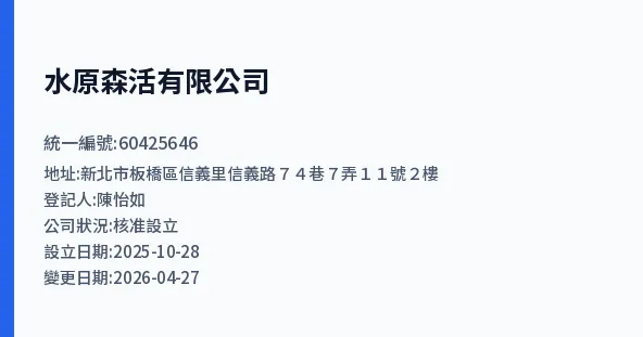水原森活有限公司的照片-統編 60425646(新北市) 公司登記資料與營業項目詳細圖表