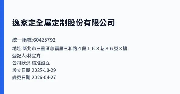 逸家定全屋定制股份有限公司的照片-統編 60425792(新北市) 公司登記資料與營業項目詳細圖表