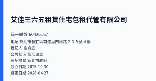 艾佳三六五租賃住宅包租代管有限公司的照片-統編 60426167(新北市) 公司登記資料與營業項目詳細圖表