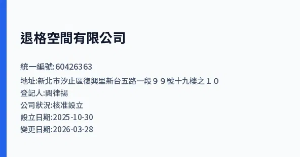 退格空間有限公司的照片-統編 60426363(新北市) 公司登記資料與營業項目詳細圖表