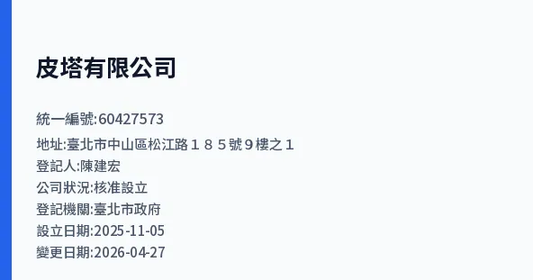 皮塔有限公司的照片-統編 60427573(臺北市) 公司登記資料與營業項目詳細圖表