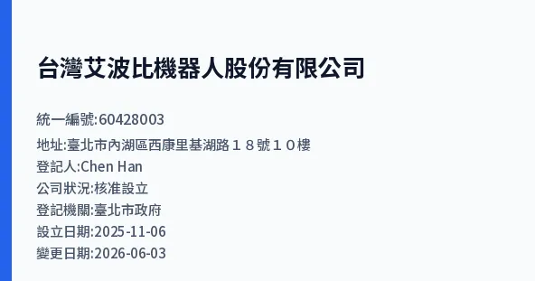 台灣艾波比機器人股份有限公司的照片-統編 60428003(臺北市) 公司登記資料與營業項目詳細圖表