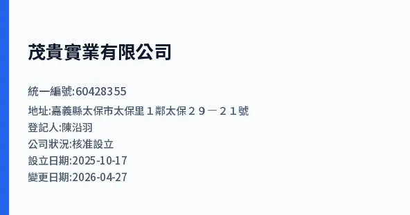 茂貴實業有限公司的照片-統編 60428355(嘉義縣) 公司登記資料與營業項目詳細圖表