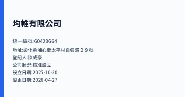 均帷有限公司的照片-統編 60428664(彰化縣) 公司登記資料與營業項目詳細圖表