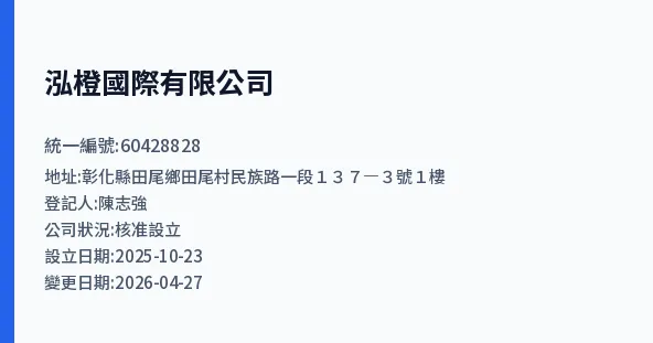 泓橙國際有限公司的照片-統編 60428828(彰化縣) 公司登記資料與營業項目詳細圖表