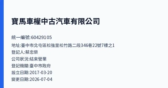 寶馬車權中古汽車有限公司的照片-統編 60429105(臺中市) 公司登記資料與營業項目詳細圖表