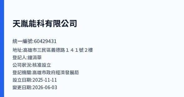 天胤能科有限公司的照片-統編 60429431(高雄市) 公司登記資料與營業項目詳細圖表