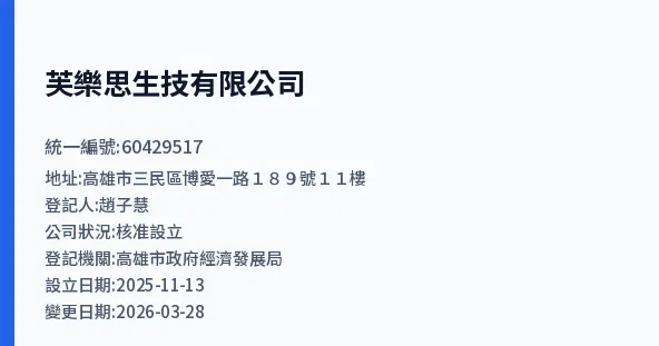 芙樂思生技有限公司的照片-統編 60429517(高雄市) 公司登記資料與營業項目詳細圖表