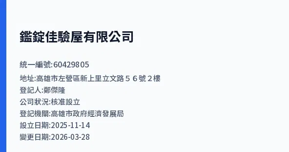 鑑錠佳驗屋有限公司的照片-統編 60429805(高雄市) 公司登記資料與營業項目詳細圖表
