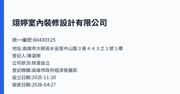 翊婷室內裝修設計有限公司的照片-統編 60430325(高雄市) 公司登記資料與營業項目詳細圖表