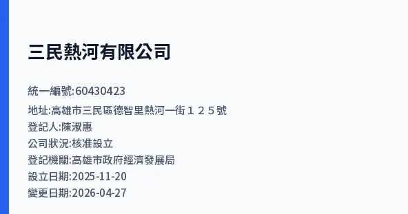 三民熱河有限公司的照片-統編 60430423(高雄市) 公司登記資料與營業項目詳細圖表
