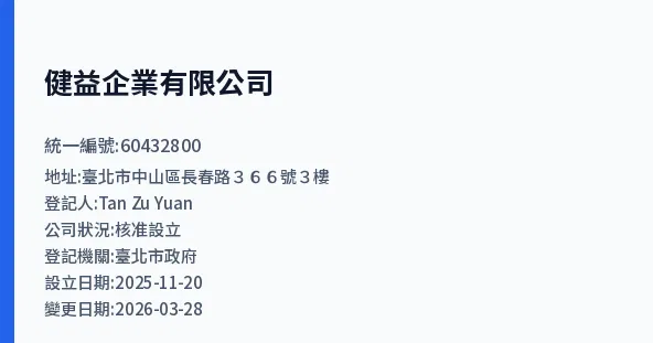 健益企業有限公司的照片-統編 60432800(臺北市) 公司登記資料與營業項目詳細圖表