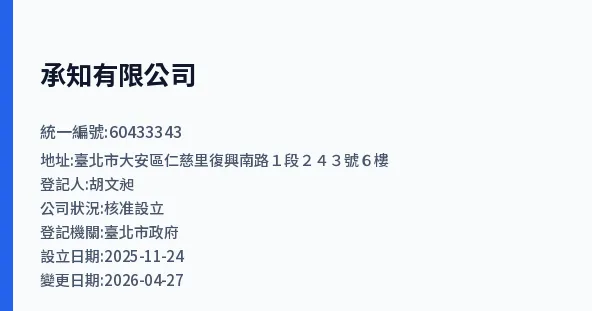 承知有限公司的照片-統編 60433343(臺北市) 公司登記資料與營業項目詳細圖表