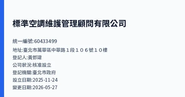 標準空調維護管理顧問有限公司的照片-統編 60433499(臺北市) 公司登記資料與營業項目詳細圖表
