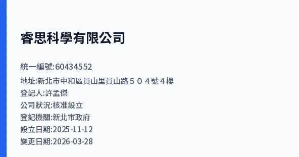 睿思科學有限公司的照片-統編 60434552(新北市) 公司登記資料與營業項目詳細圖表
