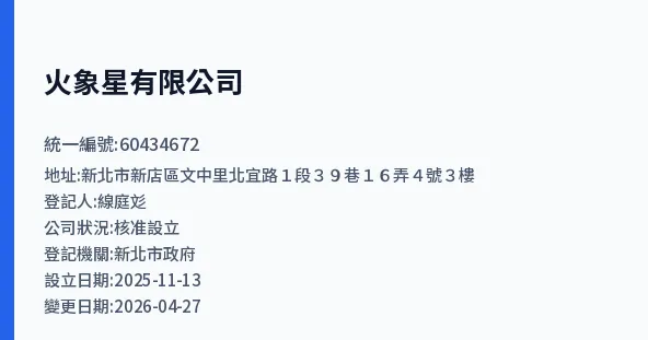 火象星有限公司的照片-統編 60434672(新北市) 公司登記資料與營業項目詳細圖表