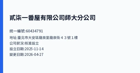貳柒一番屋有限公司師大分公司的照片-統編 60434791(臺北市) 公司登記資料與營業項目詳細圖表
