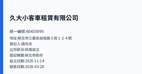久大小客車租賃有限公司的照片-統編 60435095(新北市) 公司登記資料與營業項目詳細圖表
