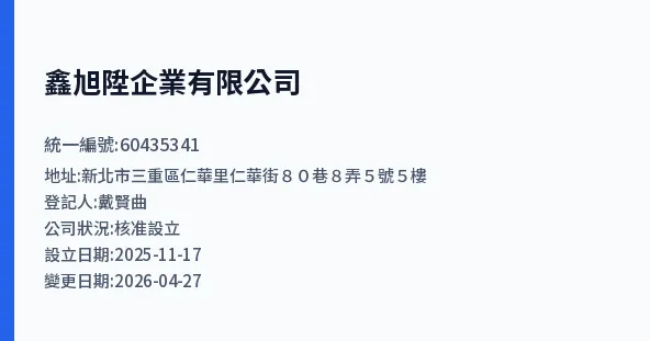 鑫旭陞企業有限公司的照片-統編 60435341(新北市) 公司登記資料與營業項目詳細圖表
