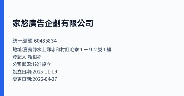 家悠廣告企劃有限公司的照片-統編 60435834(嘉義縣) 公司登記資料與營業項目詳細圖表