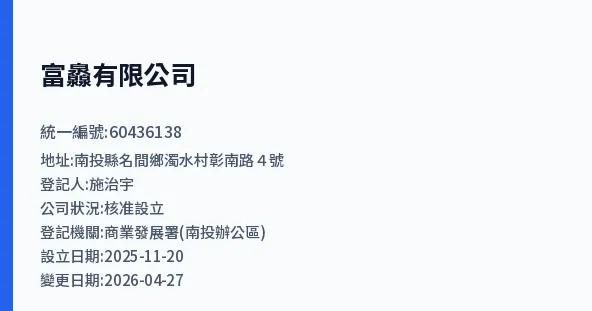 富灥有限公司的照片-統編 60436138(南投縣) 公司登記資料與營業項目詳細圖表