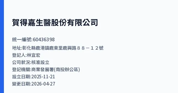 賀得嘉生醫股份有限公司的照片-統編 60436398(彰化縣) 公司登記資料與營業項目詳細圖表