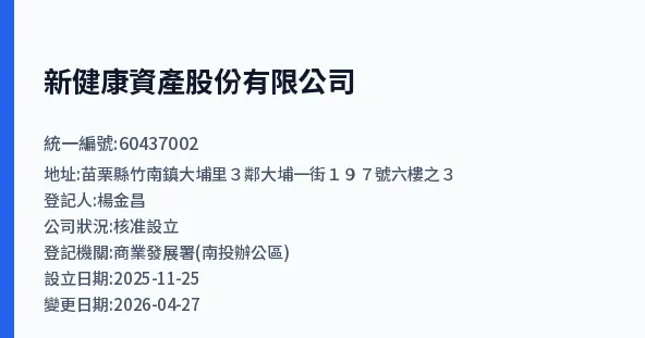 新健康資產股份有限公司的照片-統編 60437002(苗栗縣) 公司登記資料與營業項目詳細圖表
