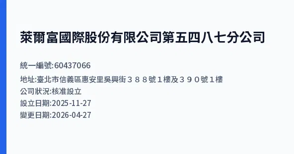 萊爾富國際股份有限公司第五四八七分公司的照片-統編 60437066(臺北市) 公司登記資料與營業項目詳細圖表