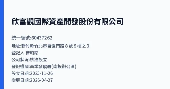 欣富觀國際資產開發股份有限公司的照片-統編 60437262(新竹縣) 公司登記資料與營業項目詳細圖表