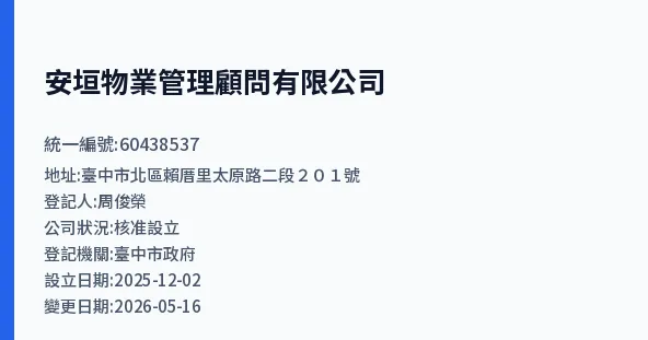 安垣物業管理顧問有限公司的照片-統編 60438537(臺中市) 公司登記資料與營業項目詳細圖表