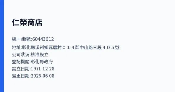仁榮商店的照片-統編 60443612(彰化縣) 公司登記資料與營業項目詳細圖表